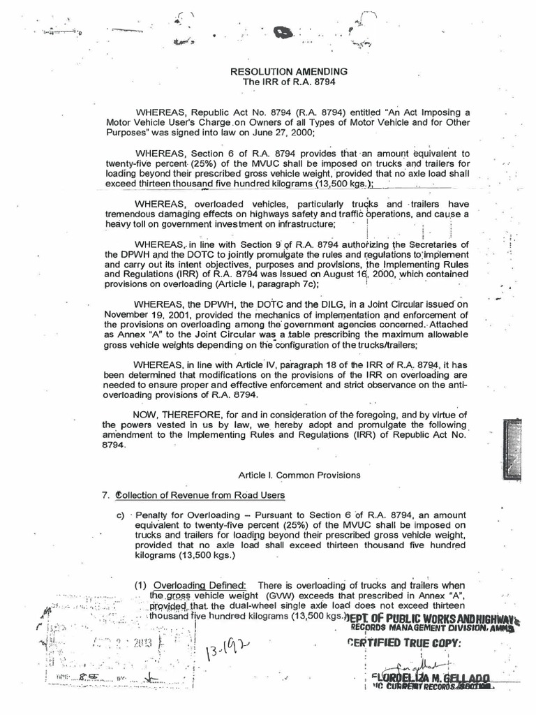 Resolution Amending The IRR of RA 8794 | PDF | Axle | Semi Trailer Truck