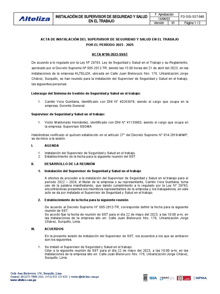 Acta Instalacion Supervisor SST | PDF | Gobierno