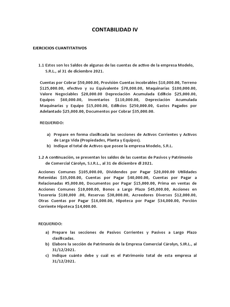 Ejercicios Cuantitativos Contabilidad Iv | PDF | Compartir (Finanzas) | Contabilidad