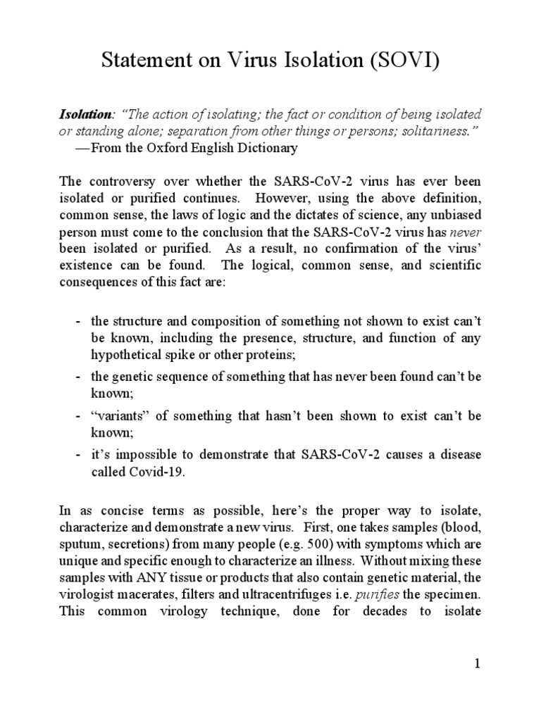 Statement On Virus Isolation (SOVI) : Isolation: "The Action of ...