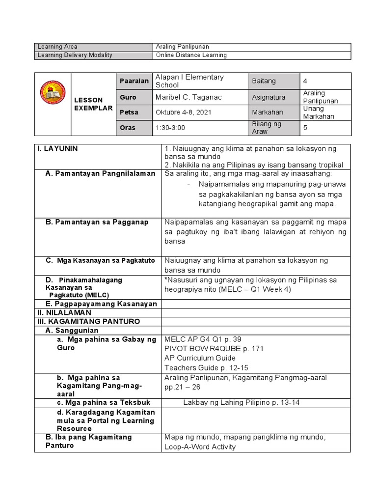 Paaralan Guro Petsa Oras: Learning Area Araling Panlipunan Learning ...