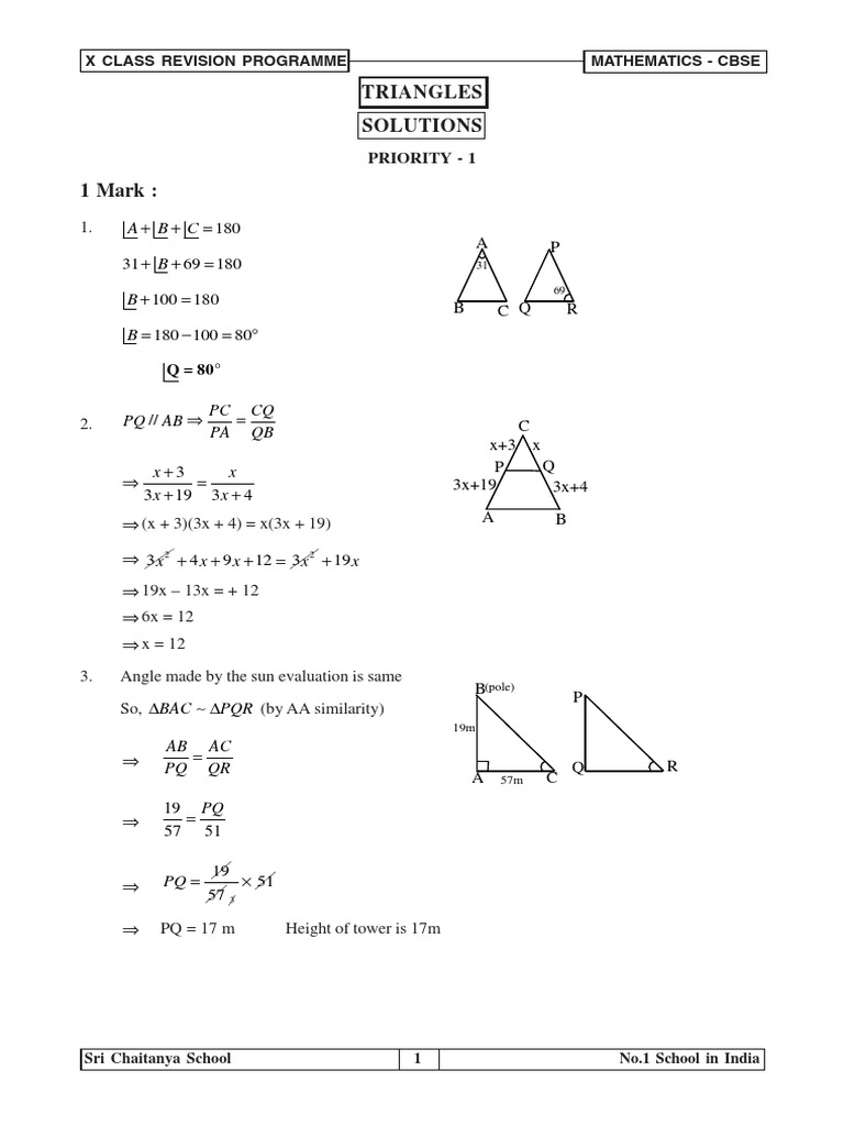 Cbse - X Class - Mathematics - Triangles - (P - I, Ii, Iii) - Solutions | PDF | Euclidean Plane ...