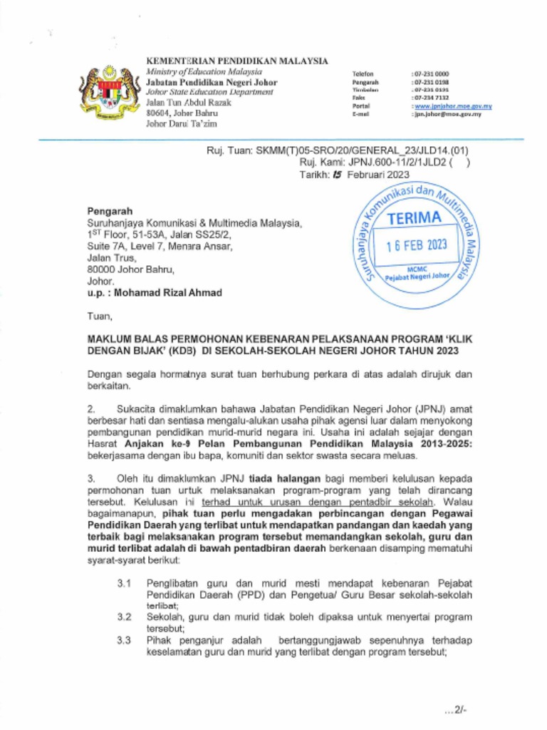 Surat Kebenaran Pelaksanaan KDB 2023 | PDF