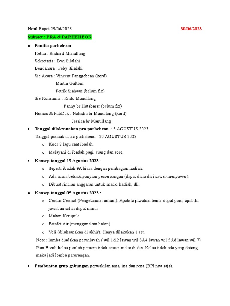 Contoh Notulensi Rapat Parheheon | PDF
