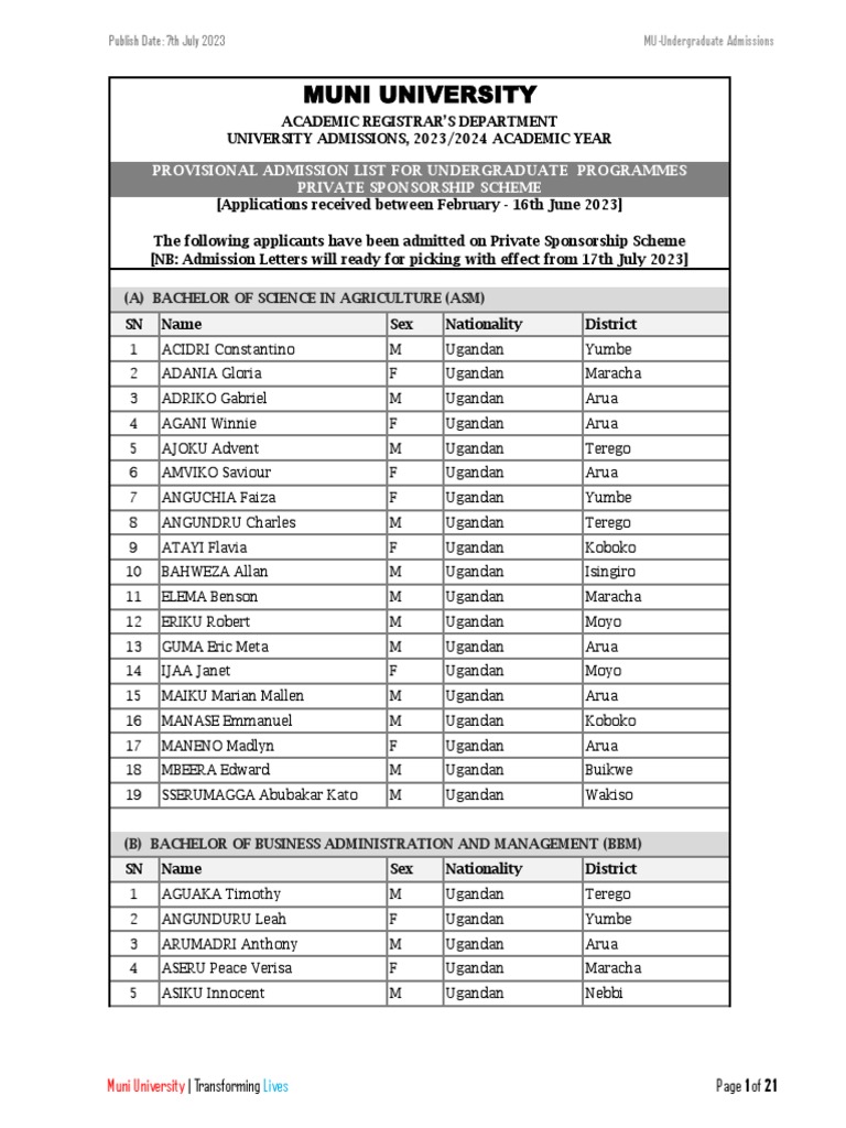 Muni University 2023/2024 Admission List | PDF | Vocational Education | Qualifications