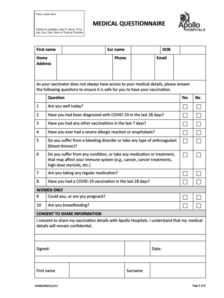 Medical Questionnaire | PDF | Vaccines | Infection