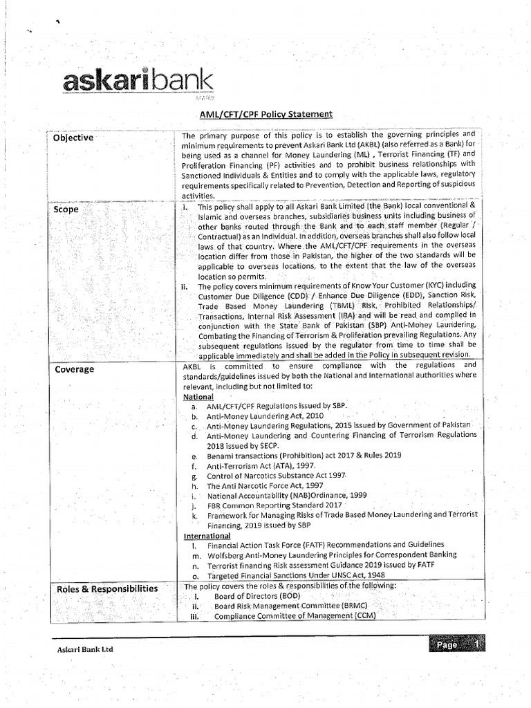 Policy Statement of Combating the Financing of Terrorist CFT Anti Money Laundering AML | PDF