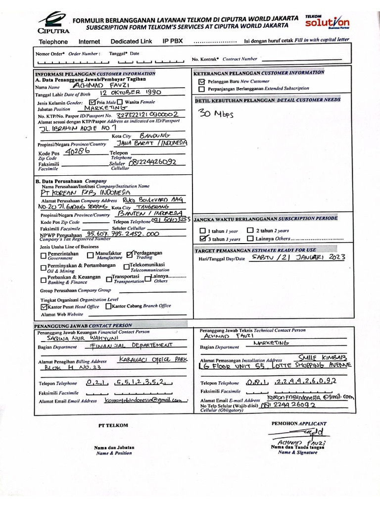 Form Berlangganan Internet Indihome | PDF