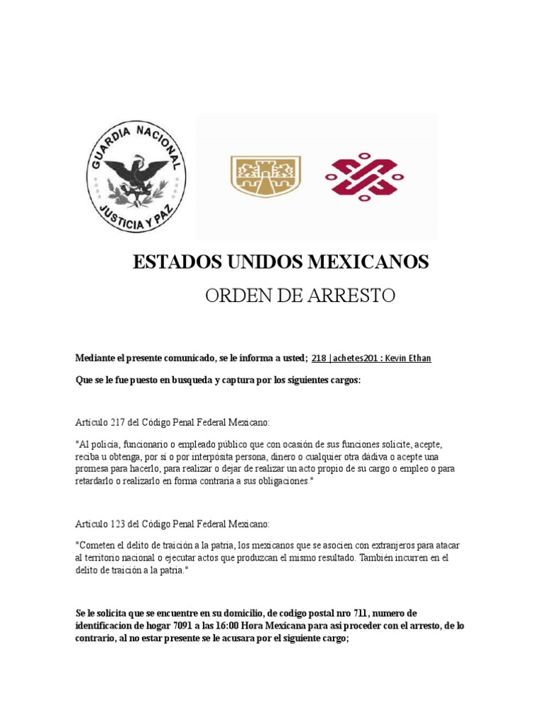 Estados Unidos Mexicanos Orden de Arresto | PDF