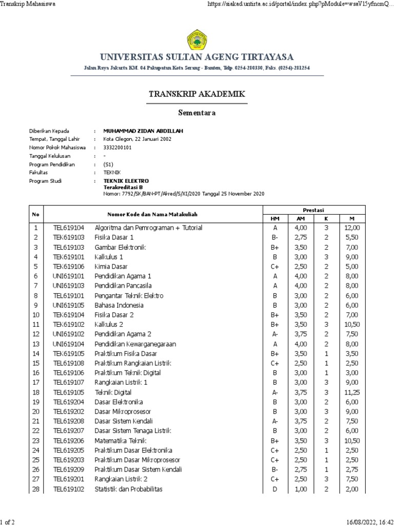 Transkrip Mahasiswa | PDF