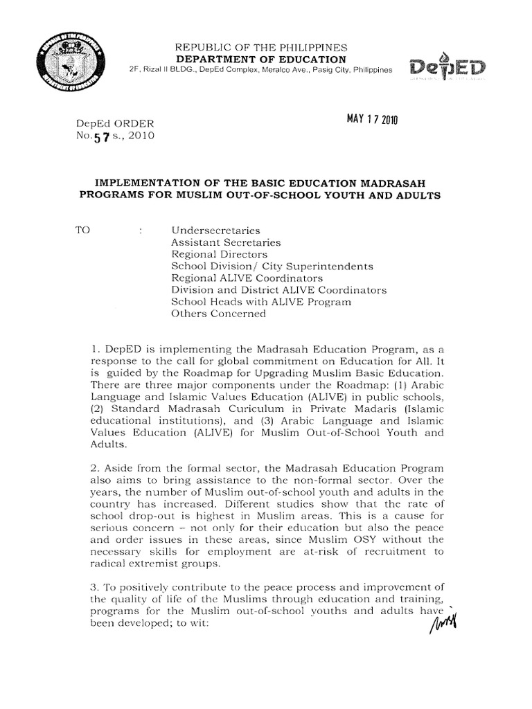 DepEd Order No. 57, S. 2010 ALIVE in ALS and TESDA | PDF