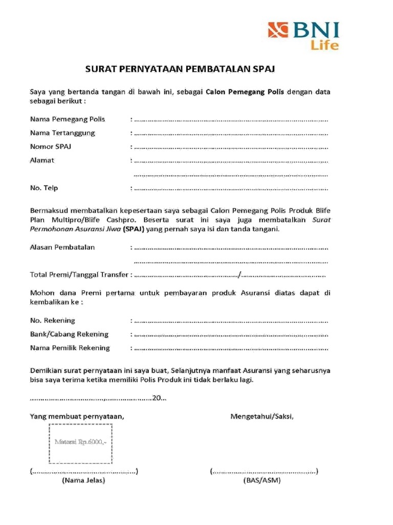 FORM Pembatalan SPAJ | PDF FORM Pembatalan SPAJ | PDF
