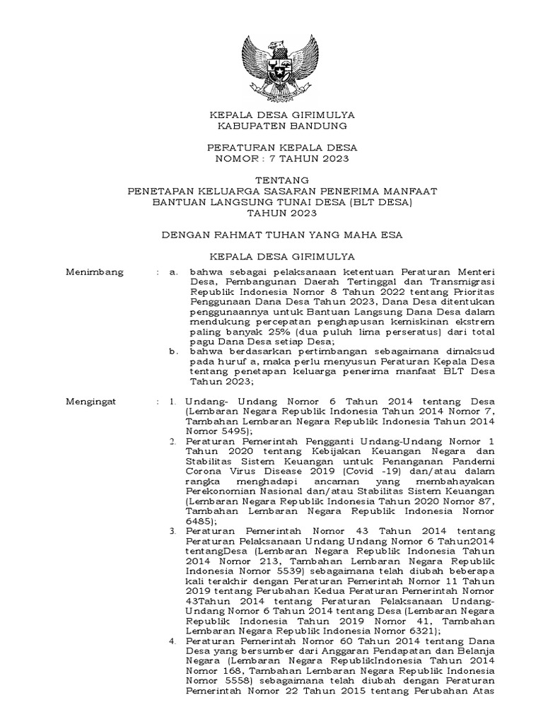 Perkades BLT DD Ta. 2023 | PDF | Pengelolaan Keuangan & Uang