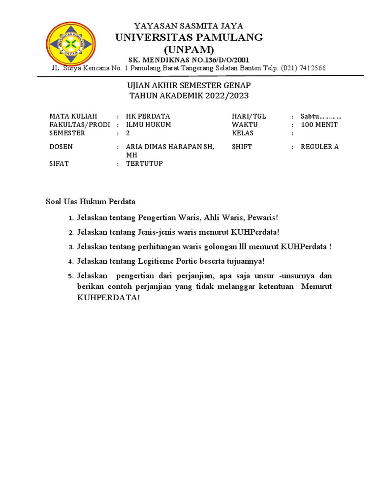 UAS Hukum Perdata Semester 2 | PDF