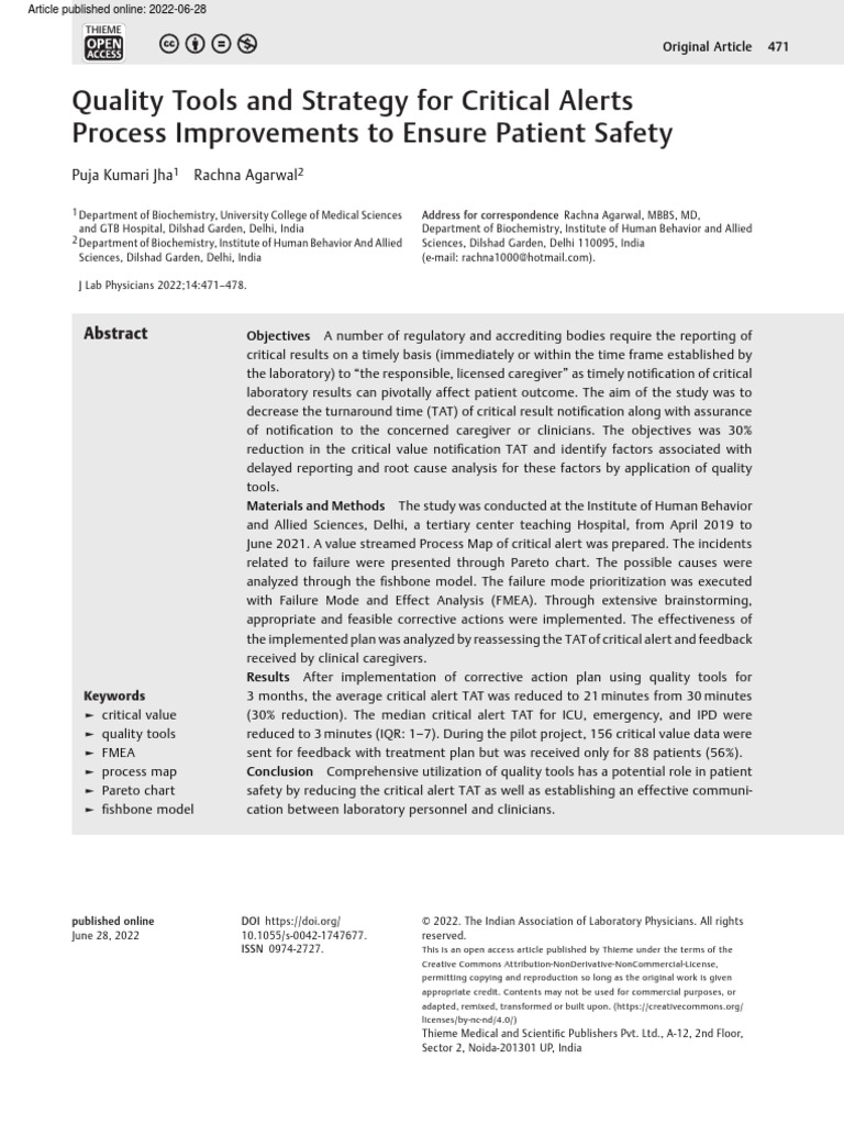 Quality Tools and Strategy For Critical Alerts Process Improvements To Ensure Patient Safety ...