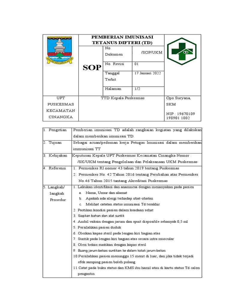 Sop Pemberian Imunisasi Tetanus Difteri | PDF