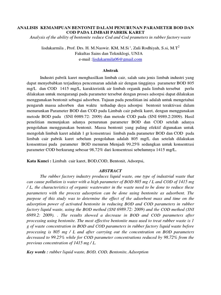 Artikel LISDA KARMILA L1B114035 ANALISIS KEMAMPUAN BENTONIT DALAM PENURUNAN PARAMETER BOD DAN ...
