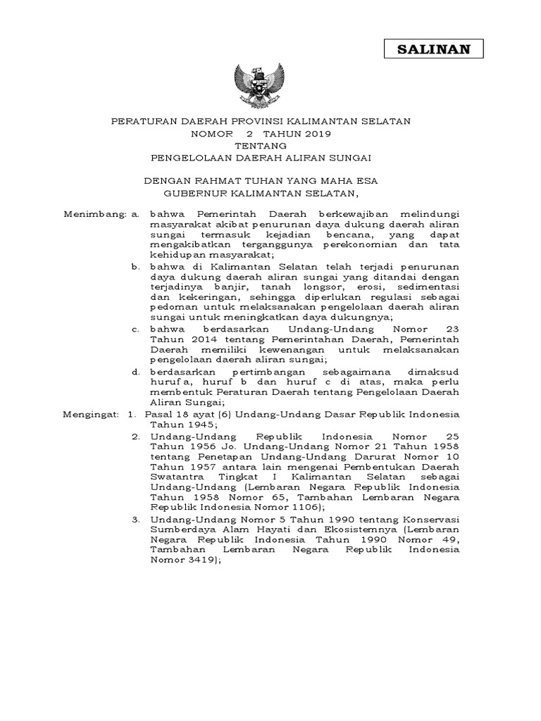 Perda Nomor 2 Tahun 2019 KALSEL (DAS) | PDF