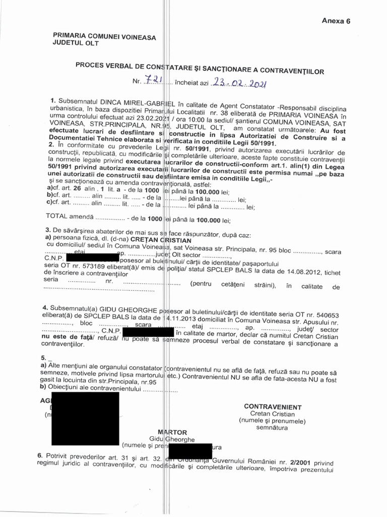 Proces-Verbal de Constatare Și Sancționare A Contravenției În Care ...