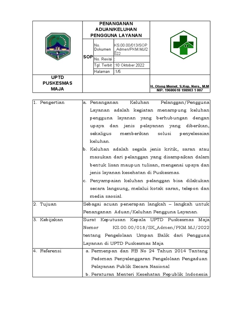Sop Penanganan Aduan Atau Keluhan Dari Pengguna Layanan | PDF