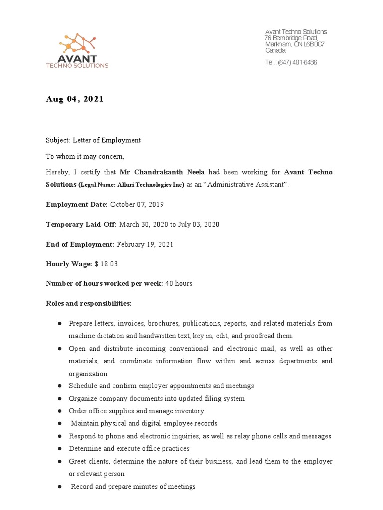 Employment Verification for Chandrakanth Neela | PDF