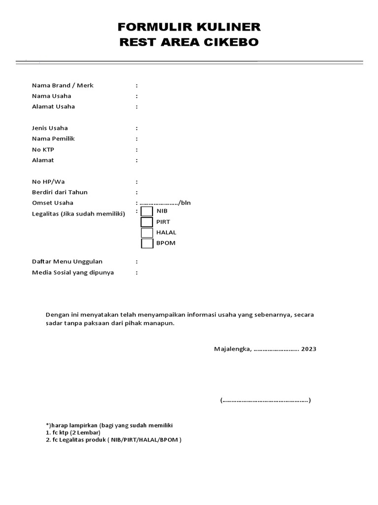 Form Kurasi Pedagang Rest Area Cikebo-1 | PDF