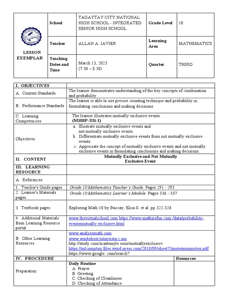 Cot1 Mutually Exclusive Events | PDF | Learning | Probability
