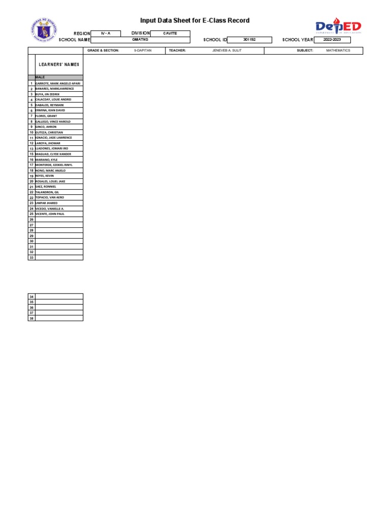 E-Grading Sheet for 9-Dapitan Math | PDF