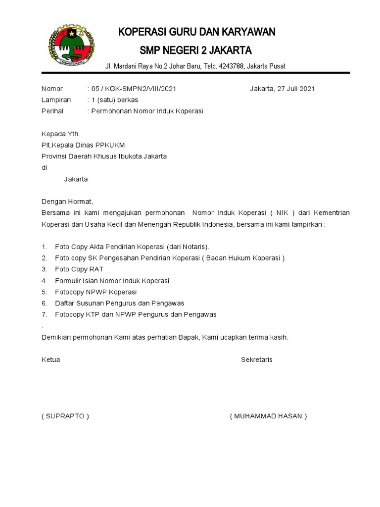 Permohonan NIK Koperasi SMPN 2 Jakarta | PDF | Pengelolaan Keuangan & Uang