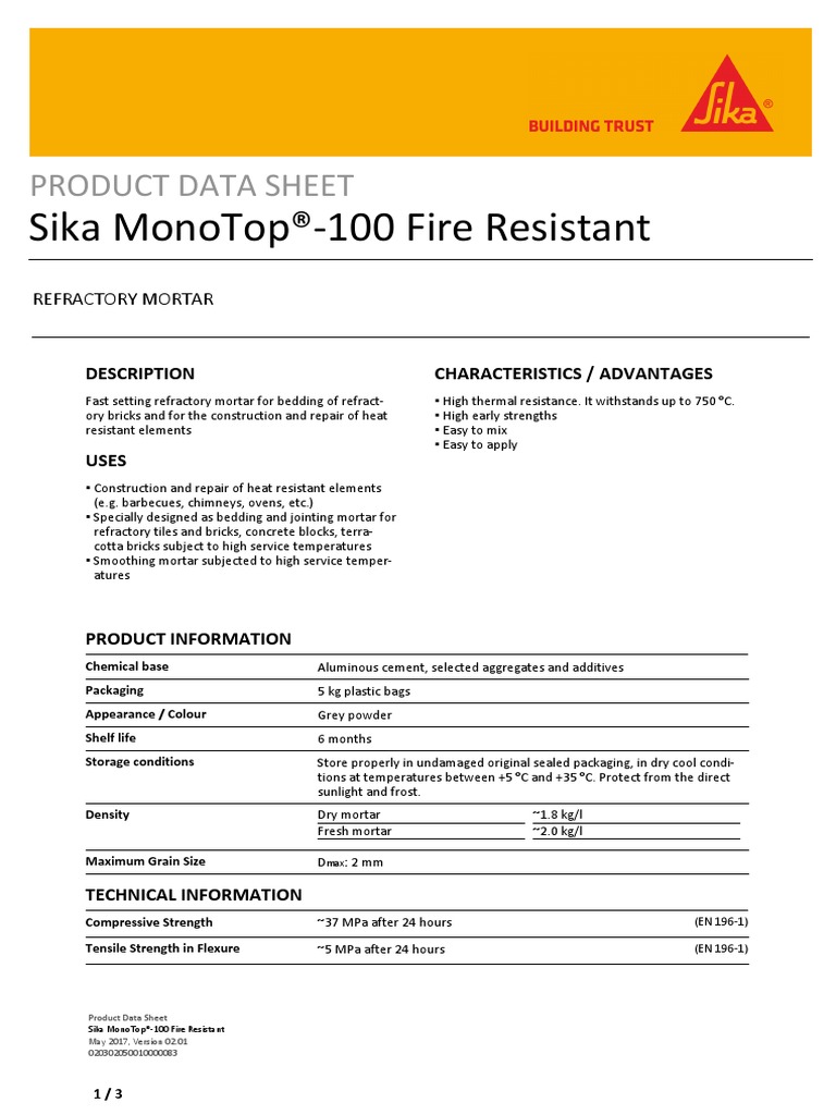 Sika MonoTop®-100 Fire Mortar Data Sheet | PDF | Brick | Mortar (Masonry)