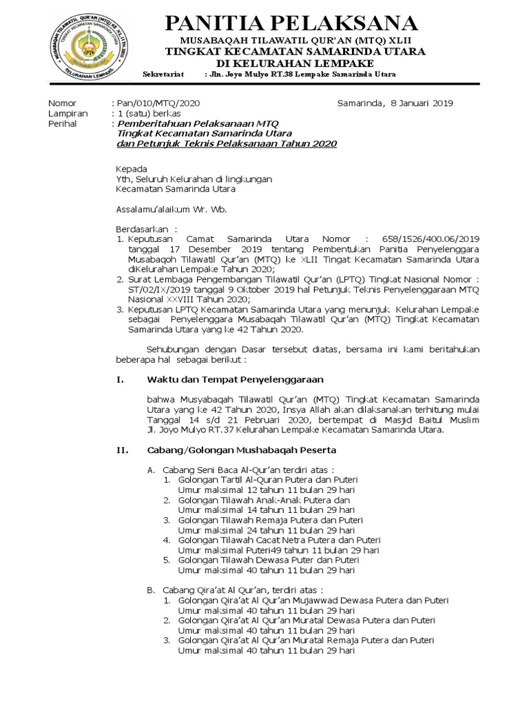 Pemberitahuan MTQ Ke 42 Tahun 2020 Dan Teknis Pelaksanaan AjEpA | PDF