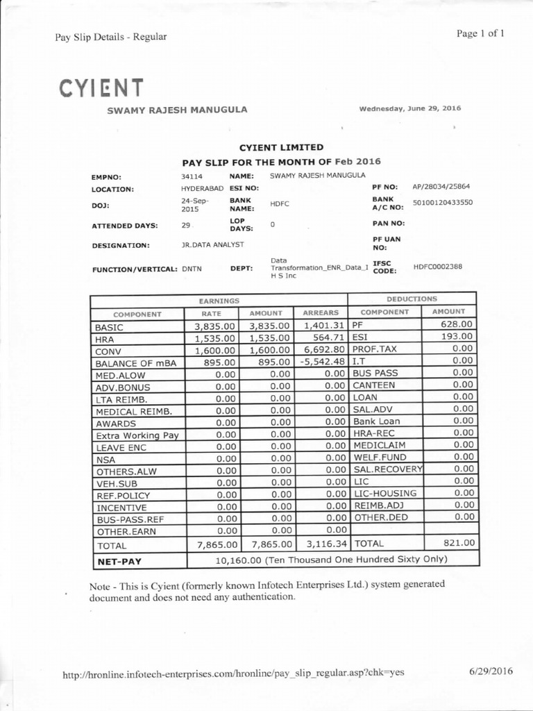 Pay Slips-Cyient | PDF