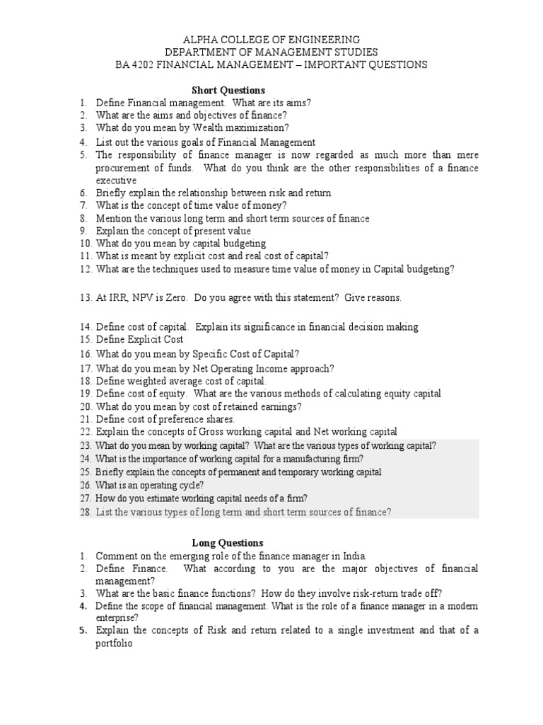 Ba 4202 FM Important Questions | PDF | Cost Of Capital | Capital Budgeting