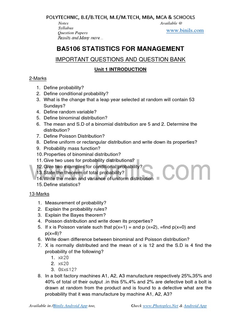 BA4101 STATISTICS FOR MANAGEMENT Reg 21 Question Bank | PDF | Student's ...