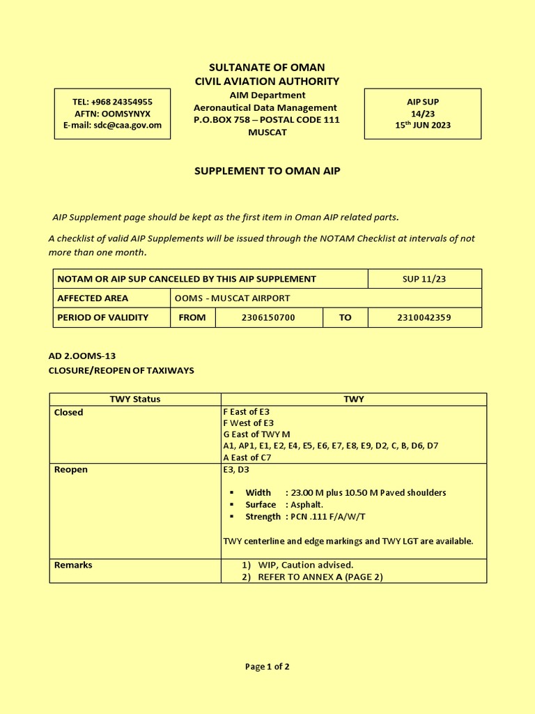 Oman AIP Supplement 14/23 Summary | PDF | Aviation | Transport ...