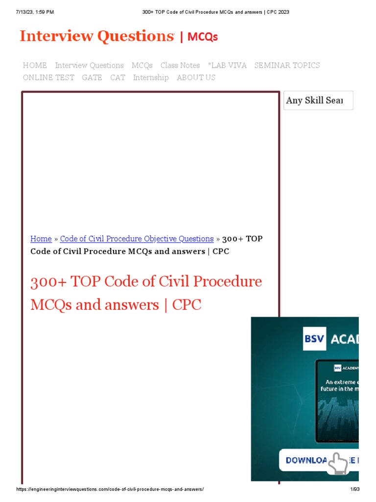 300+ TOP Code of Civil Procedure MCQs and Answers - CPC 2023 | PDF | Lawsuit | Res Judicata