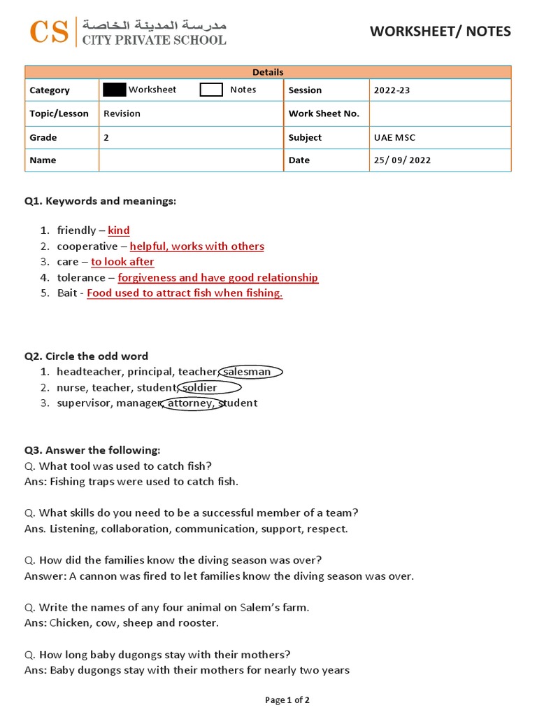 Grade 2 UAE MSC Answer Key PDF | PDF | Foreign Language Studies