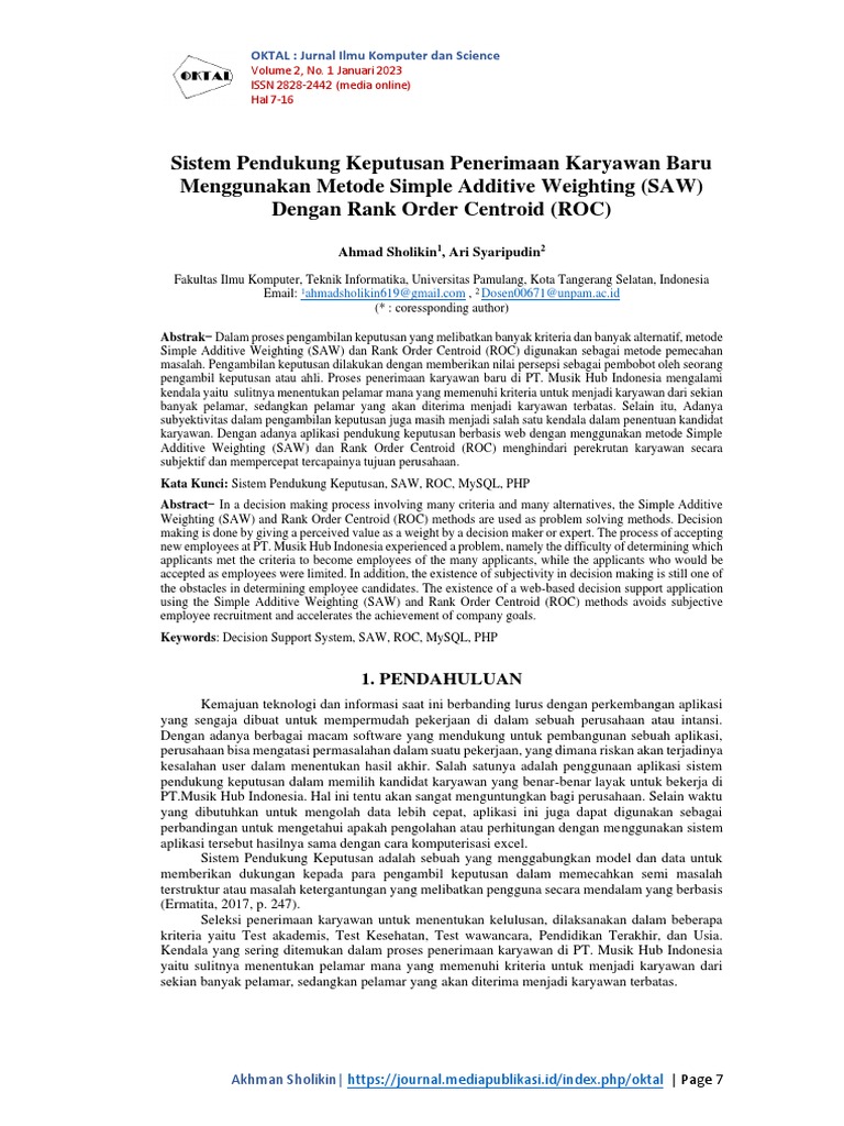 Sistem Pendukung Keputusan Penerimaan Karyawan Baru Menggunakan Metode ...