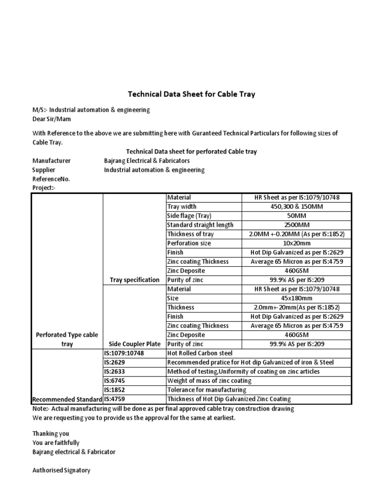 Perforated Cable Tray Technical Data Sheet | PDF | Sheet Metal ...