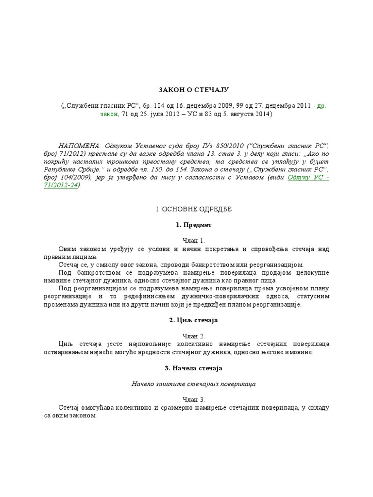 Zakon - o - Stecaju 2014 | PDF