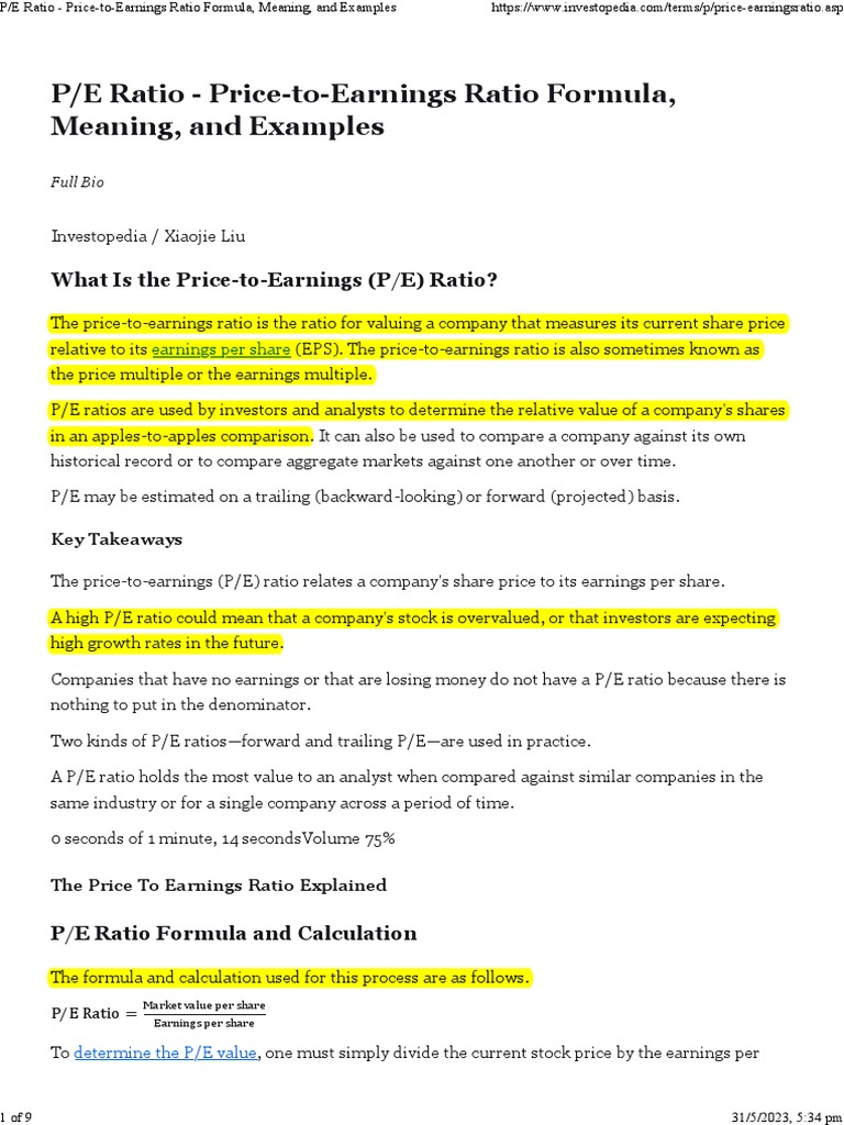 P - E Ratio - Price-to-Earnings Ratio Formula, Meaning, and Examples ...