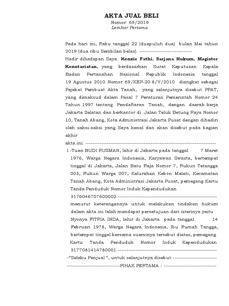 Contoh Akta Jual Beli Tanah New | PDF