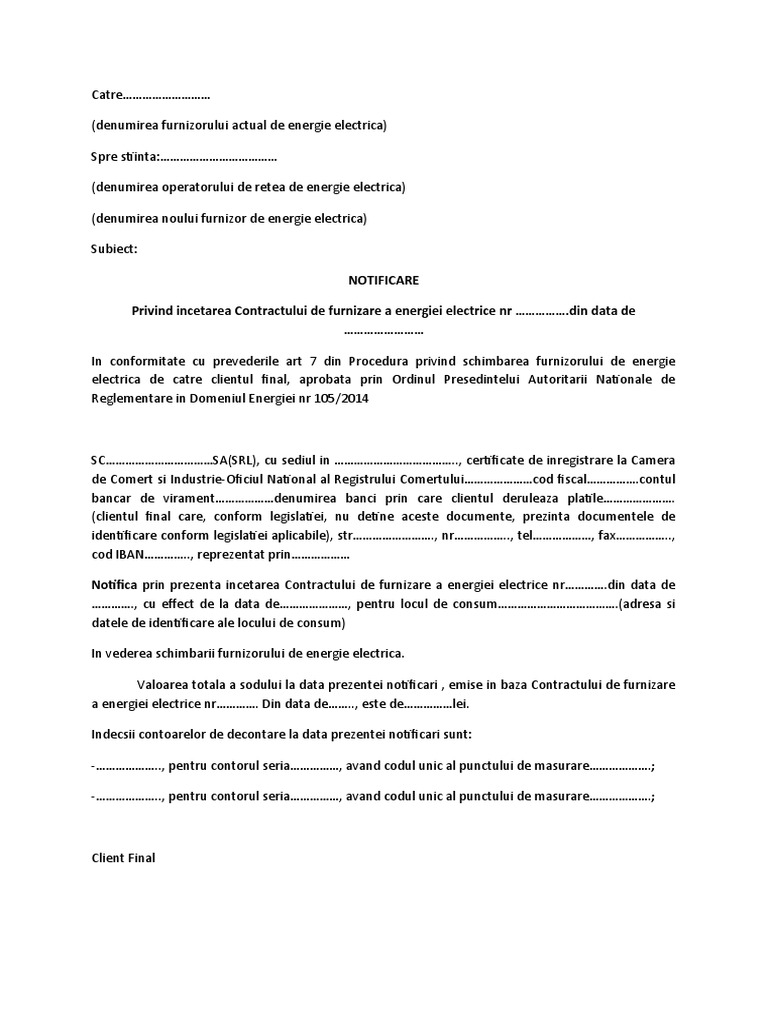Model Notificare Reziliere Contract Furnizare | PDF