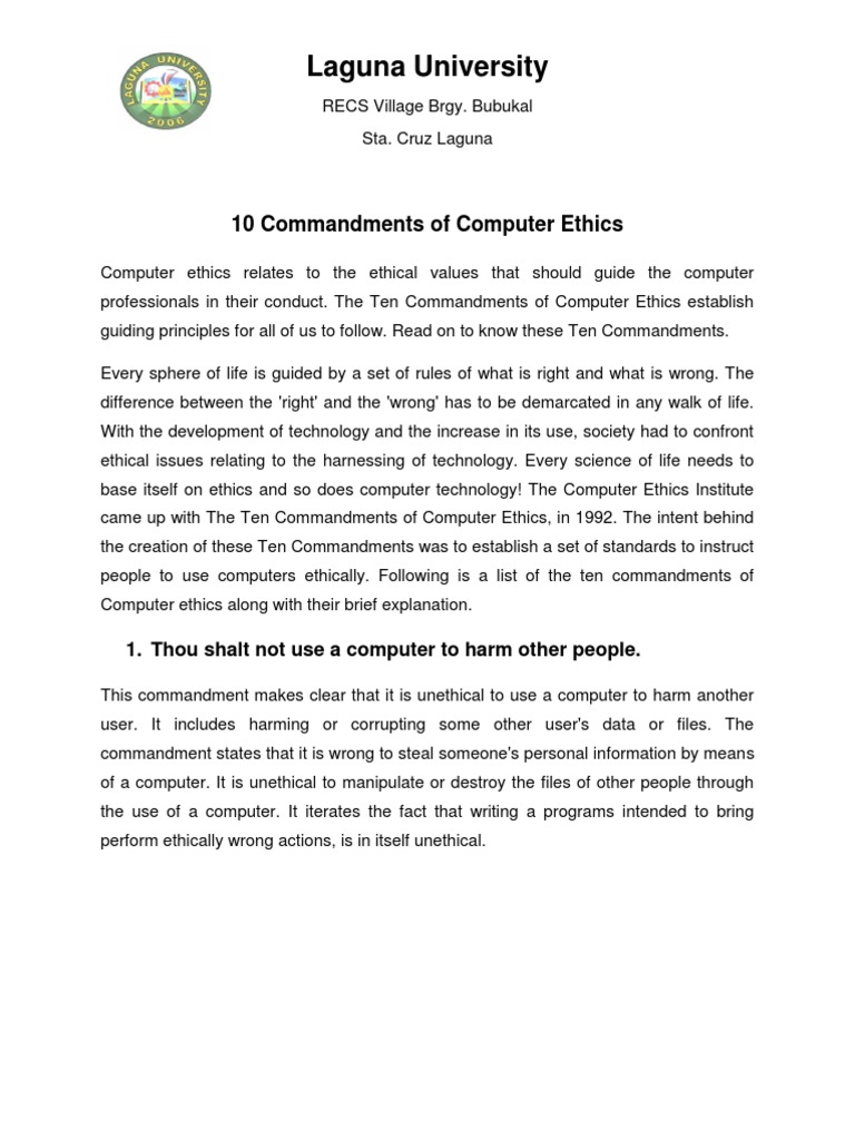10 Commandments of Computer Ethics | PDF