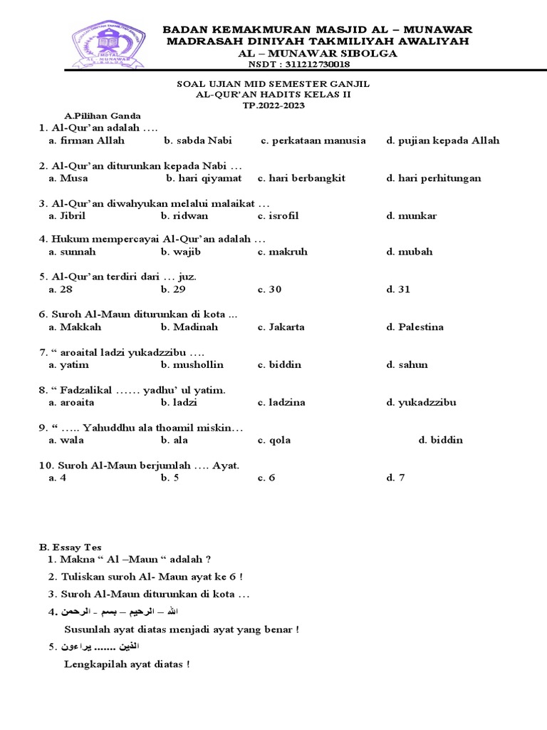 Soal Qurdis Kelas 2 Mdta | PDF