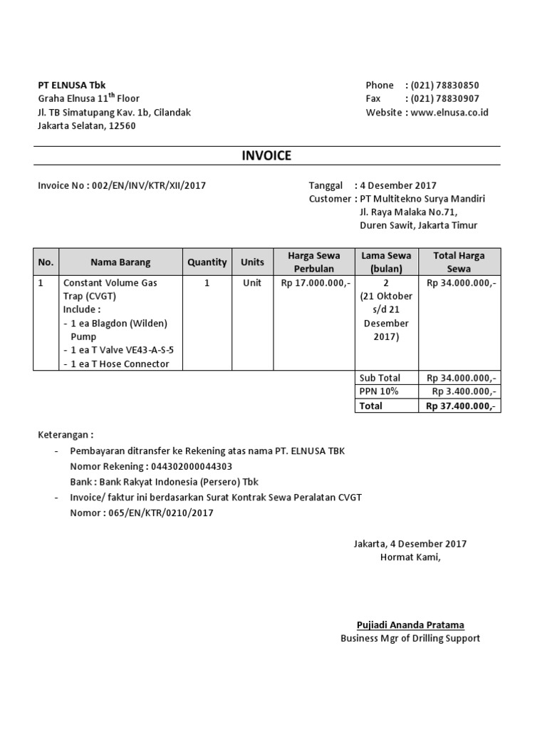 Invoice Sewa CVGT PT Multitekno | PDF