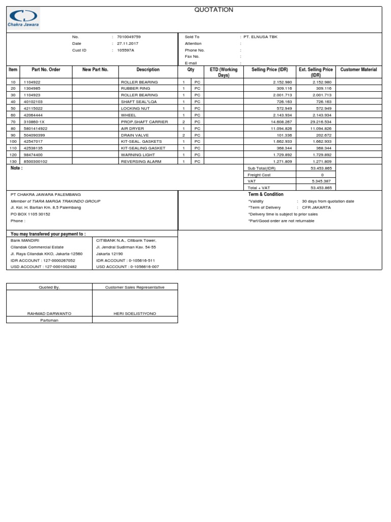 Quotation PT Chakra - Truck - Iveco - 7010049759 - Elnusa | PDF | Business Quotation PT Chakra - Truck - Iveco - 7010049759 - Elnusa | PDF | Business