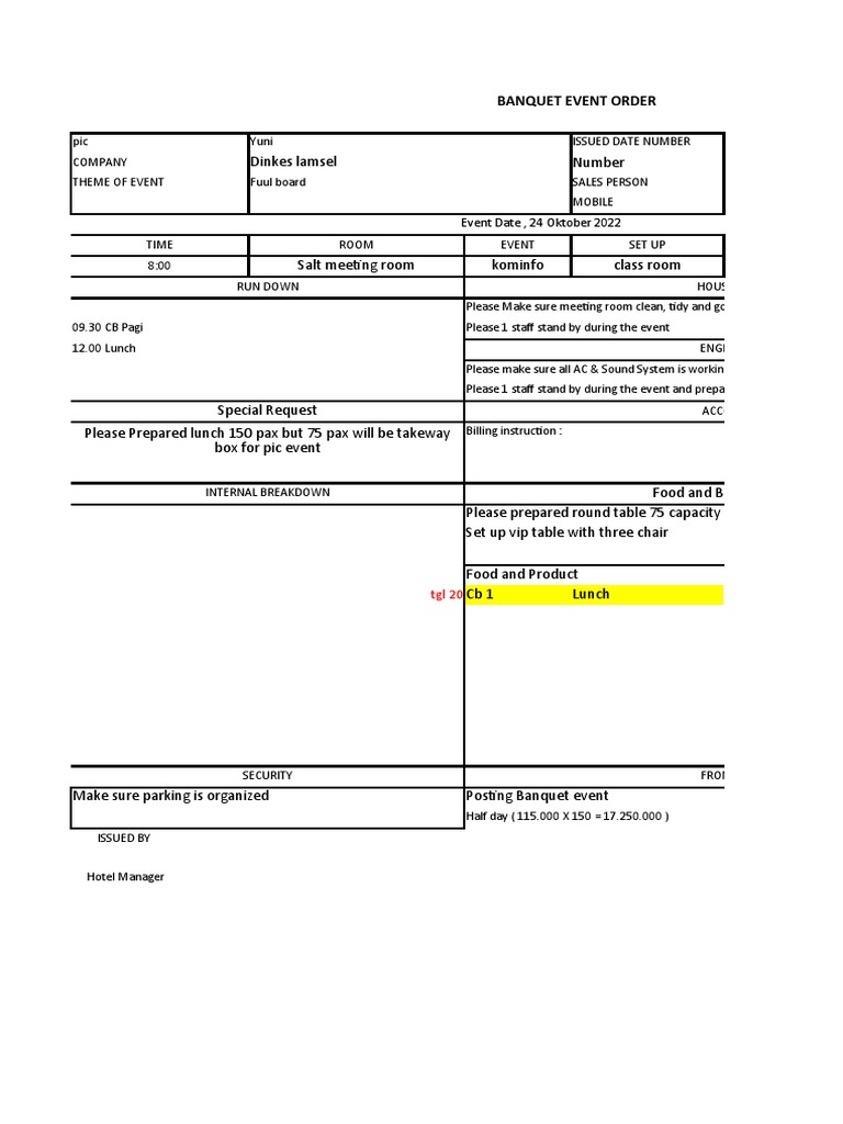 Banquet Event Order | PDF | Lunch | Meal