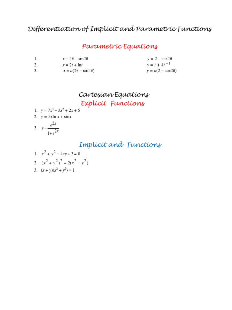 Implicit + Parametric Functions (Solutions) | PDF | Slope | Tangent