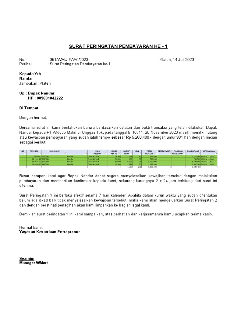Draft Surat Peringatan Konsumen Ke 1 - SPAA | PDF